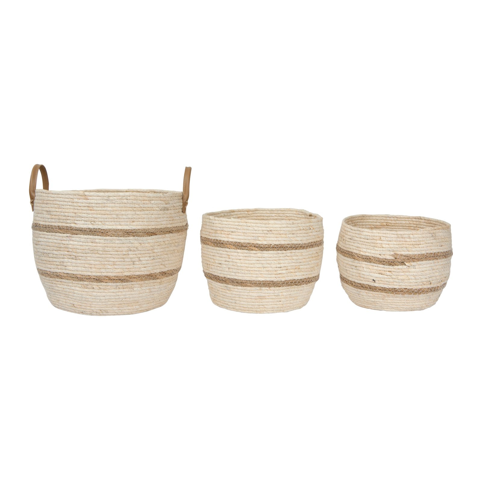 3R Studios Beige and Brown Maize Basket with Leather Handle - Set of 3 ...