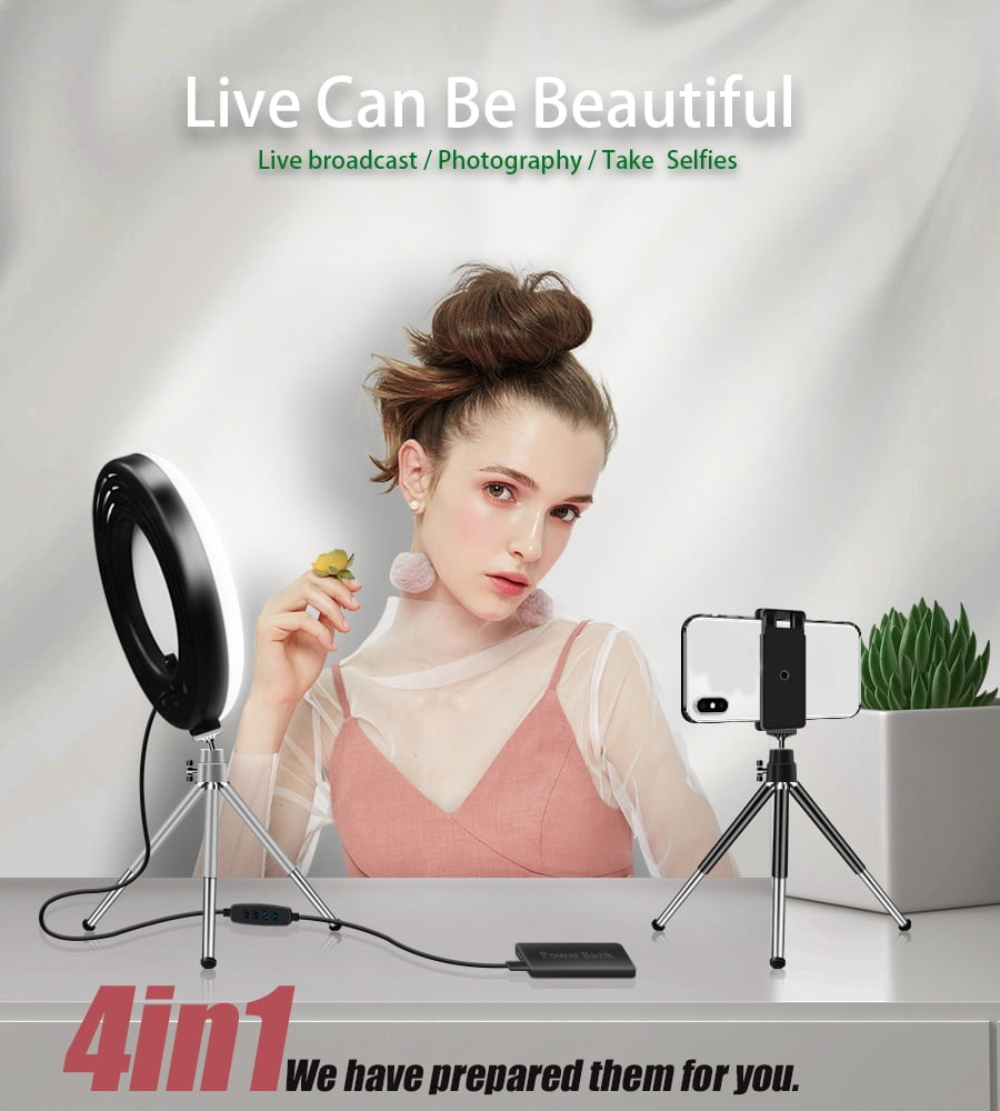 4 in 1 Desktop Cosmetic Live Lamp 9 Inch LED Ring Light Dimmable ...