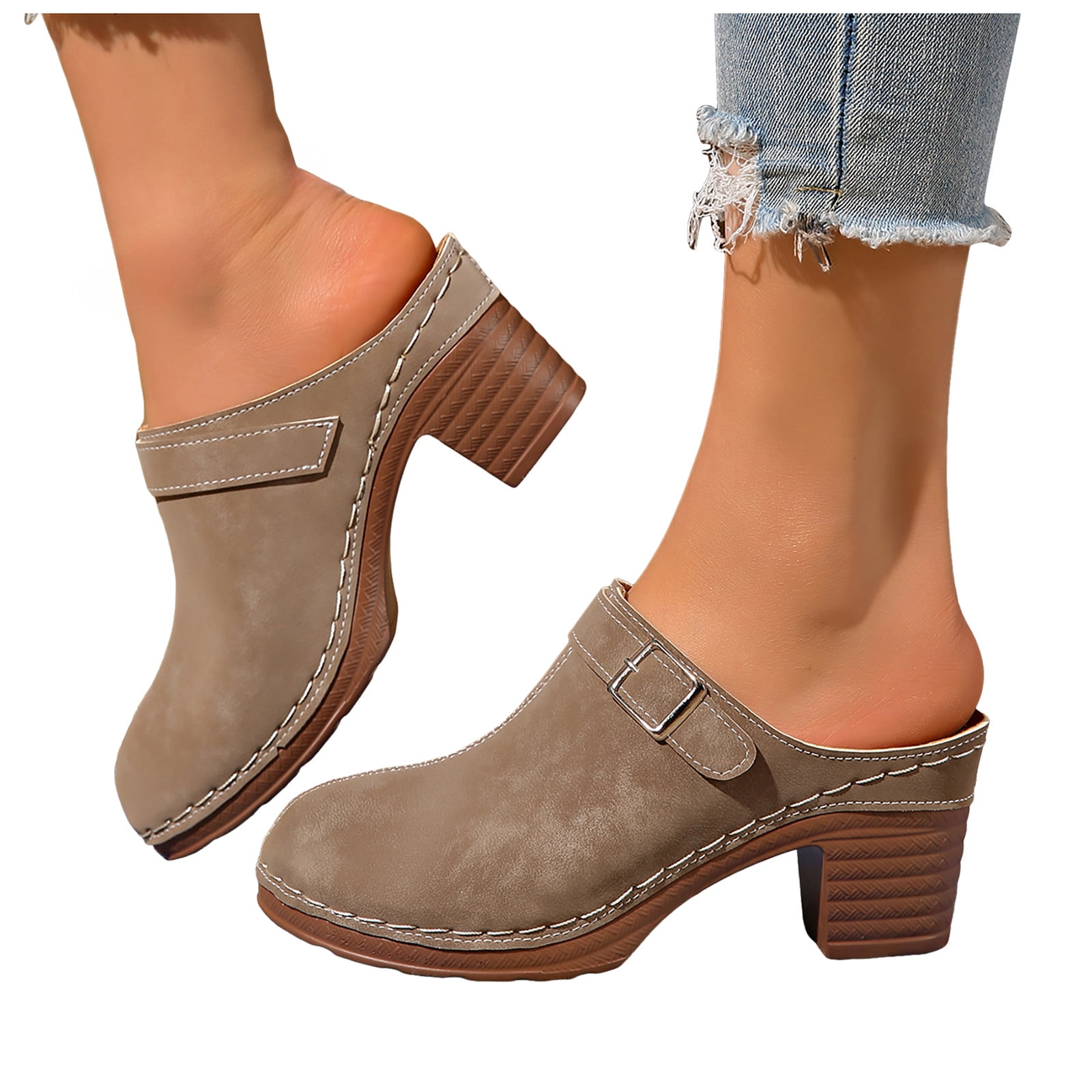 Click here for Pandaie Womens Chunky Stacked Heel Mules Closed Ro... prices