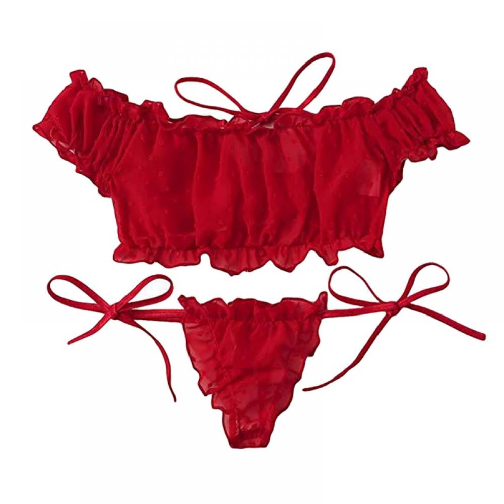 Overfox Lady Sheer Sexy Garter Lingerie Set Fold Texture Bra Bow Panties Sexy Bra And Panties