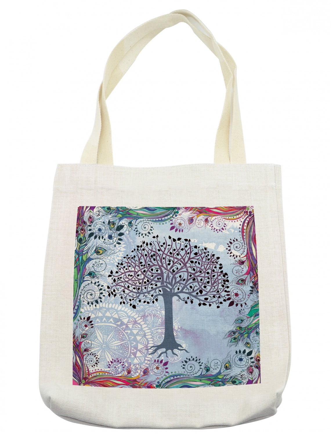 Nature Tote Bag, Tree of Life Motif Peacock Feathers Tribal Vintage ...