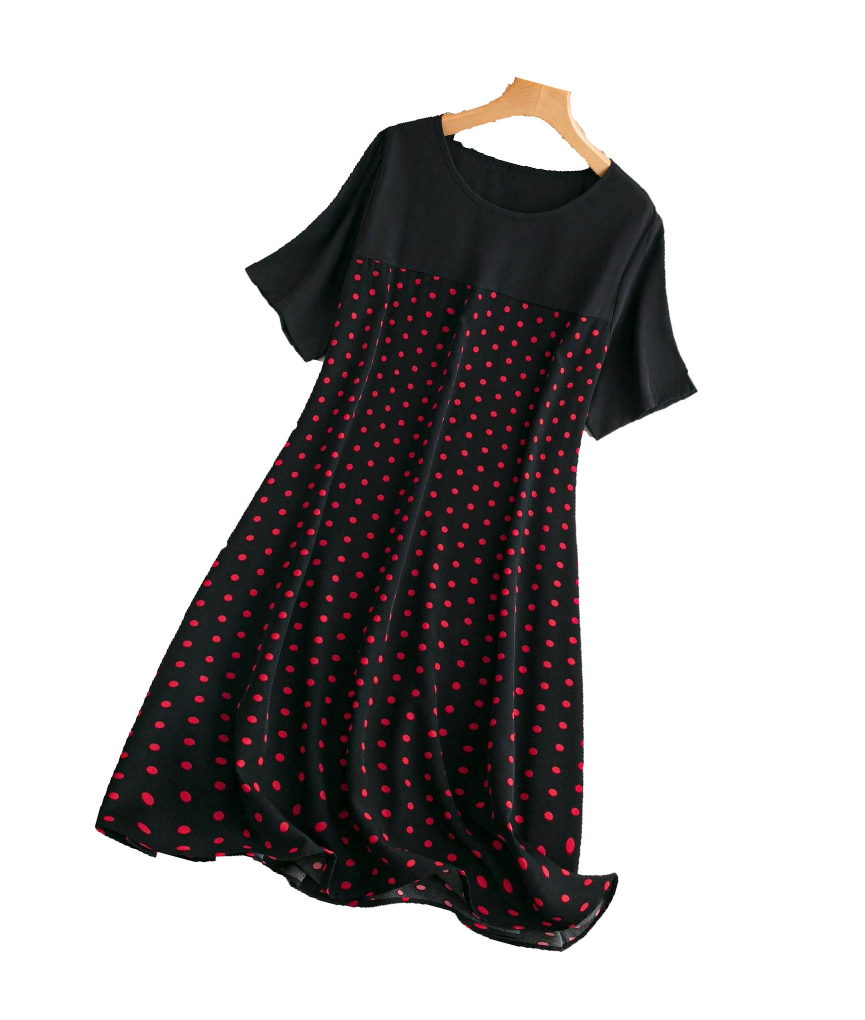 Cute Polka Dot Round Neck Smock Short Sleeve Black Plus Size Dresses ...