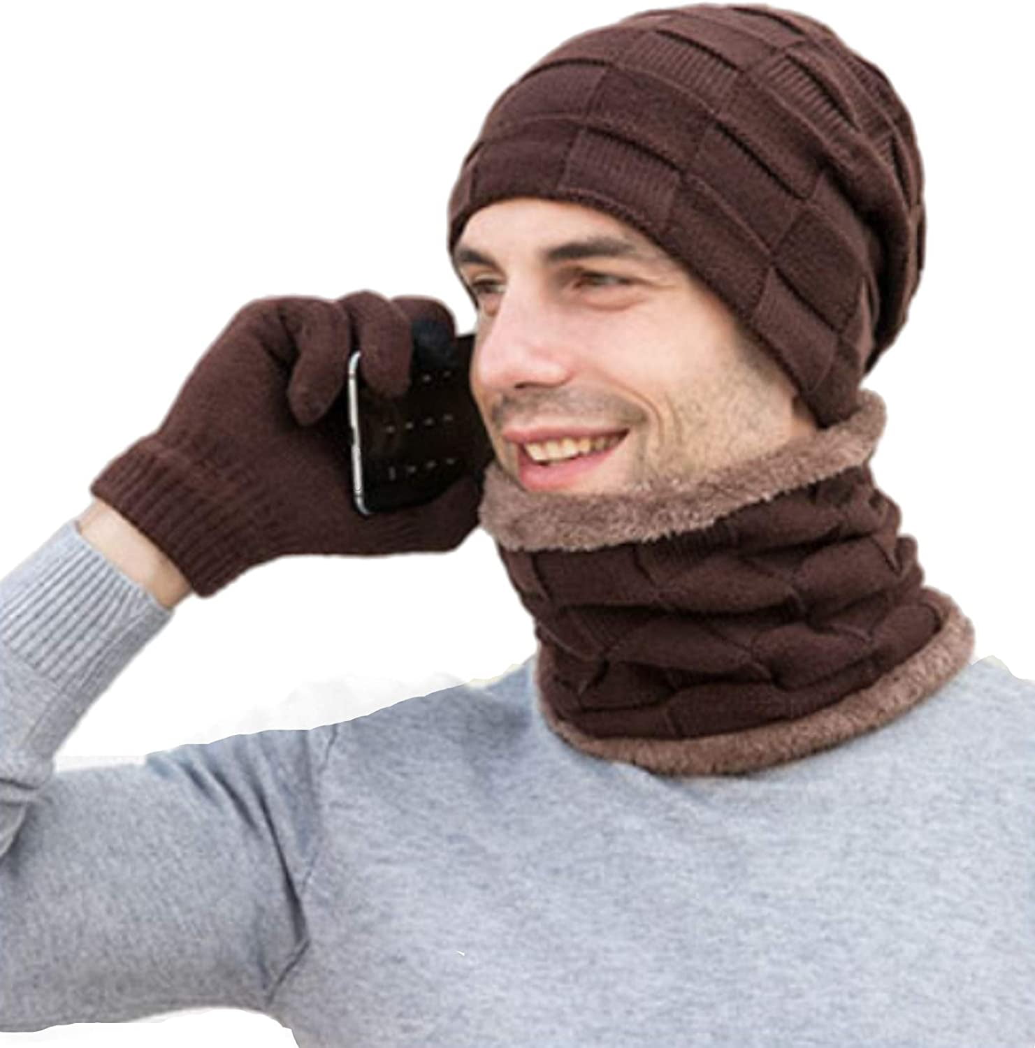 3 Pieces Winter Warm Hat Scarf Glove Set Knit Thick Beanie Scarves Cap ...