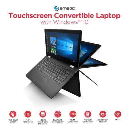 Ematic 11.6" Laptop, Touchscreen, 2-in-1, Windows 10, Intel Atom Quad ...