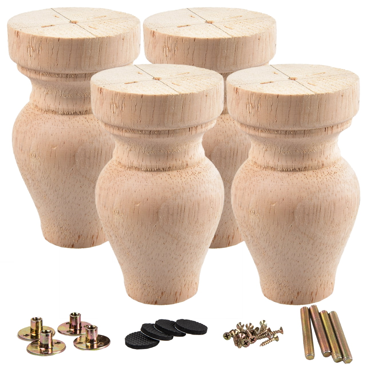 LAVANE 4 inch / 10cm Wooden Furniture Legs, Set of 4 Solid Wood Carved ...