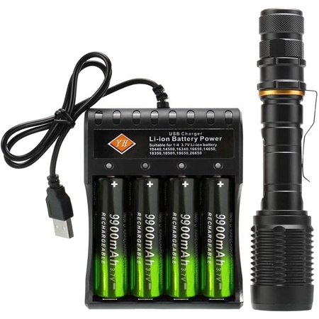 5 Modes Black 18650 Tactical Flashlight Set with 4X 3.7V High Capacity ...