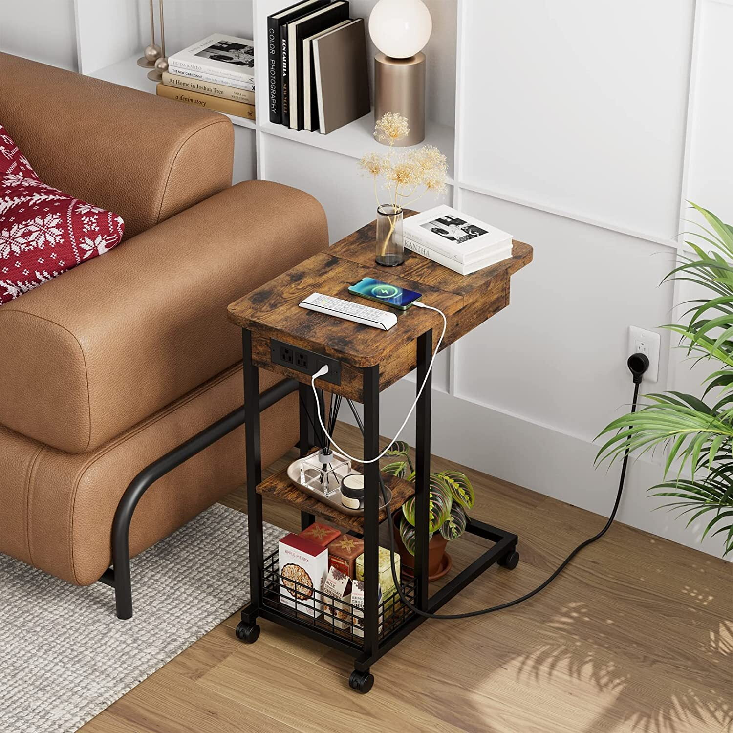 Yartaka C Shaped Side End Tables with Charging Station, USB Ports ...