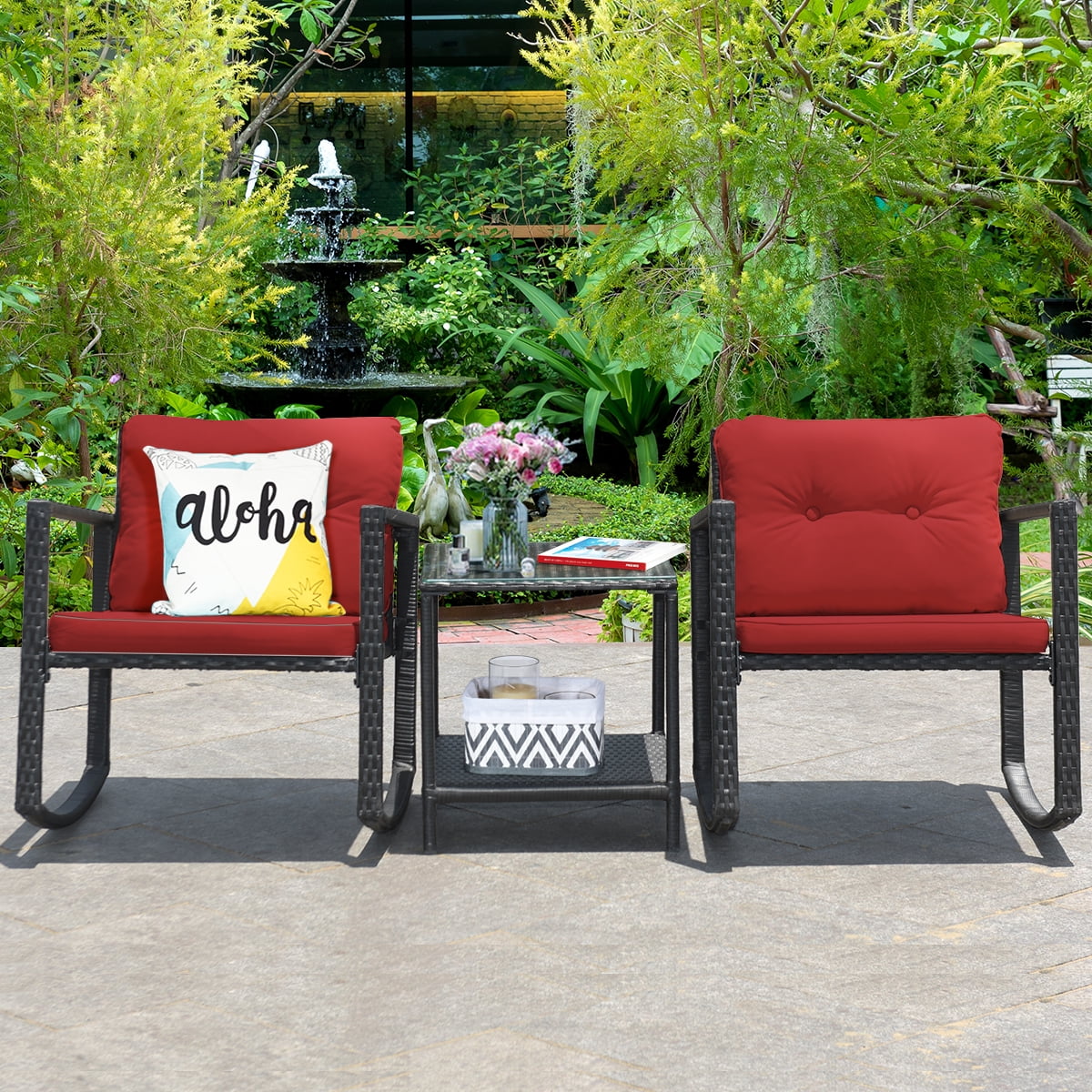 Costway 3pcs Patio Rattan Furniture Set Rocking Chairs Cushioned Sofa Burgundy