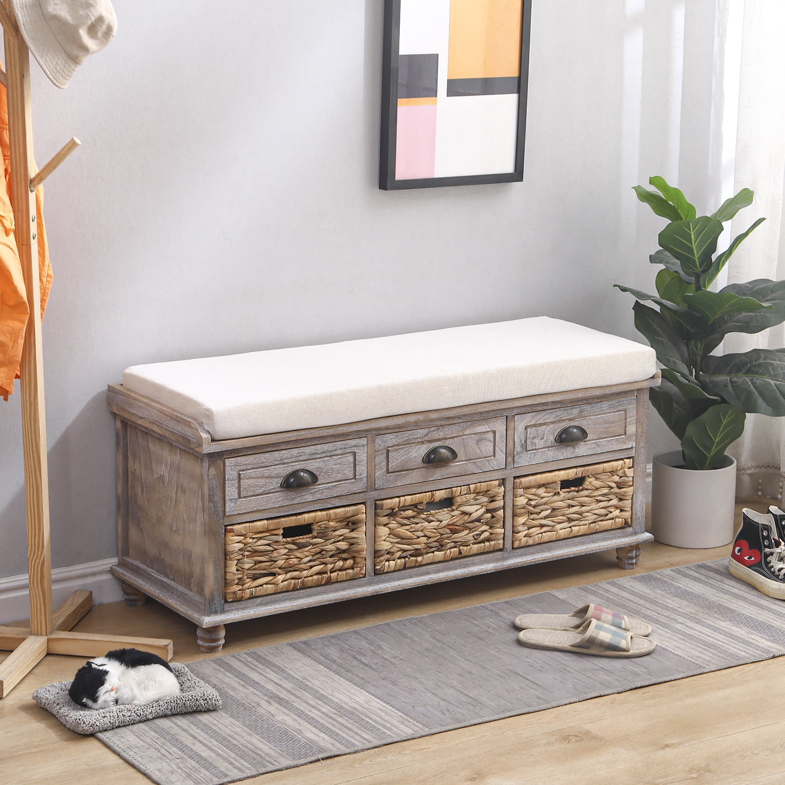 Wicker Storage Bench Farmhouse Bench with Upholstered Cushion and 3 ...