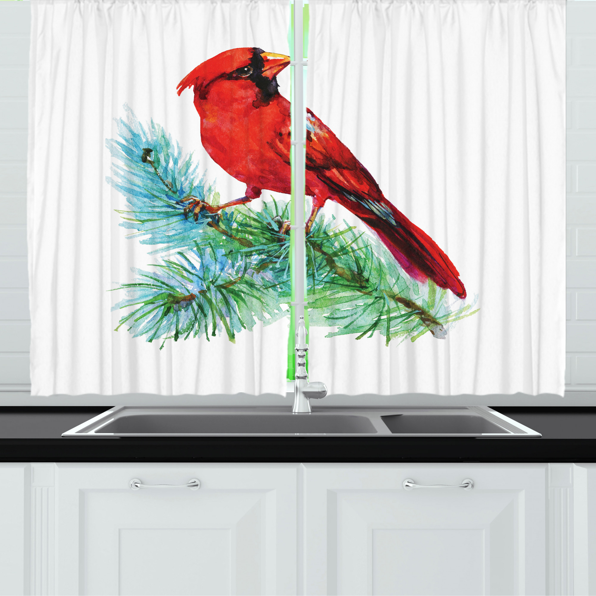 Cardinal Kitchen Curtains, Portrait of a Bird Watercolor Vintage Style ...