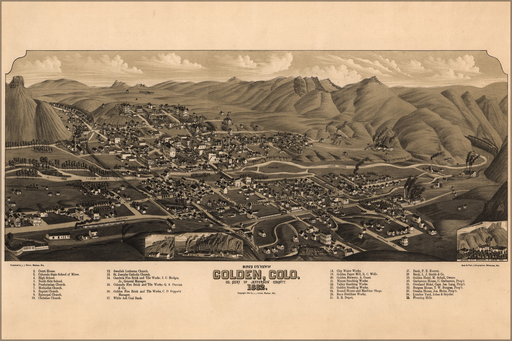 24"x36" Gallery Poster, birdseye view map of Golden, Colorado 1882 ...
