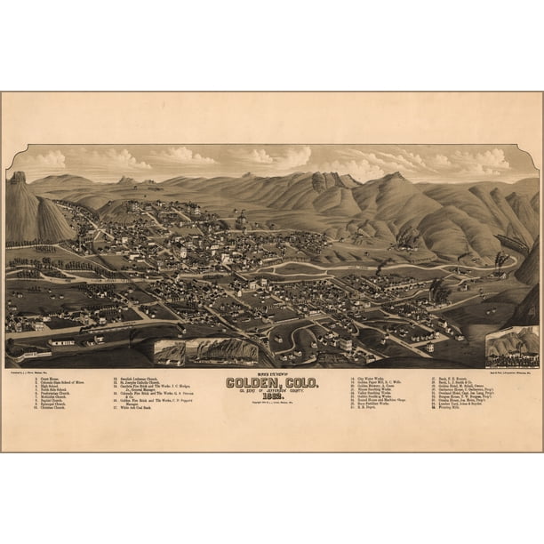 24"x36" Gallery Poster, birdseye view map of Golden, Colorado 1882 ...