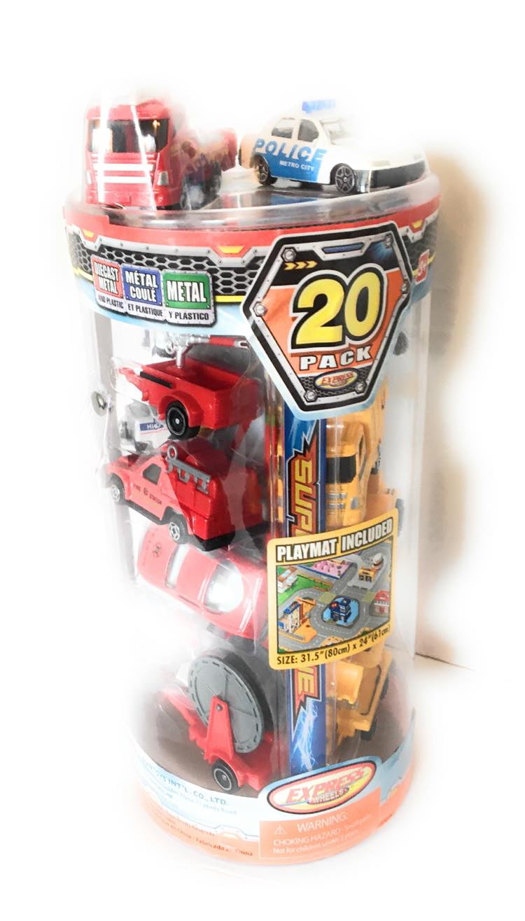 20 Pack Express Wheels Police Fire and Construction Trucks (Play Mat ...