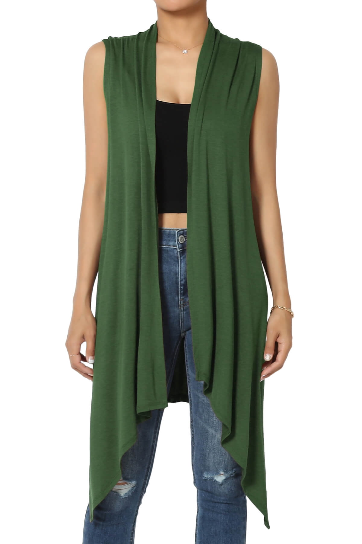 Women's Draped Jersey Open Front Sleeveless Cardigan Waterfall ...