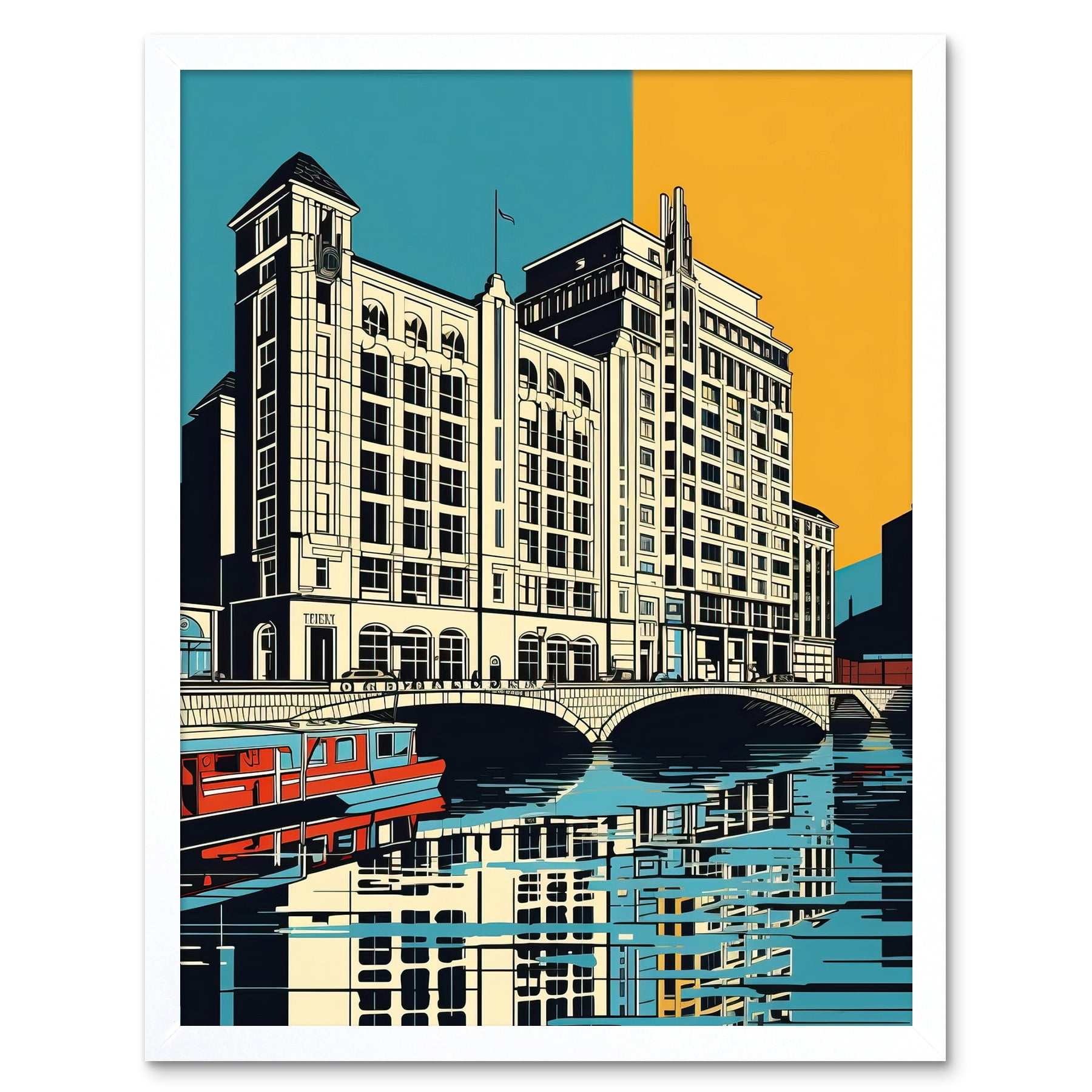 Leeds City Waterfront Modern Linocut Illustration Art Print Framed ...