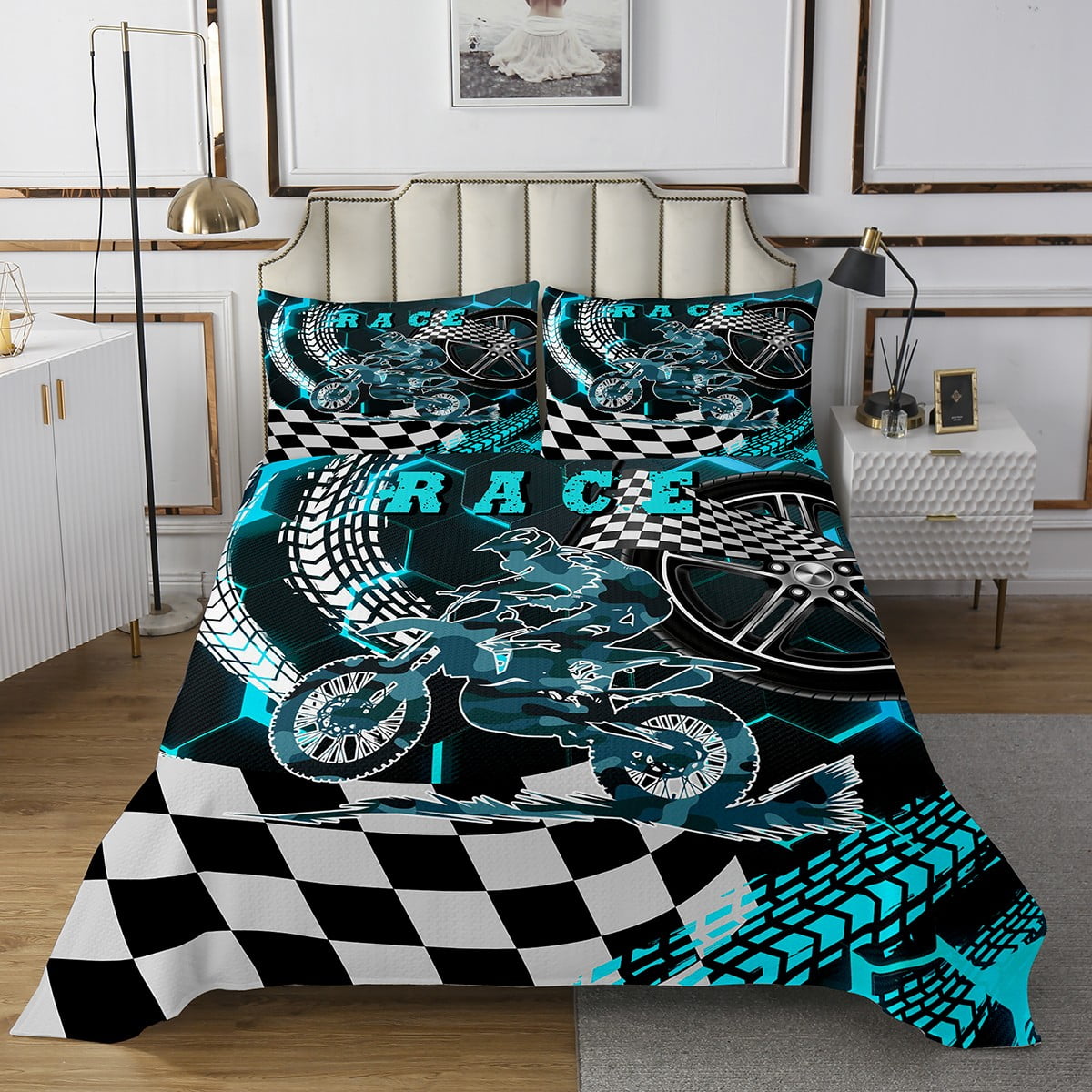 Click here for Yst Racing Motorcycle Quilt Set Twin cyan Neon Lig... prices