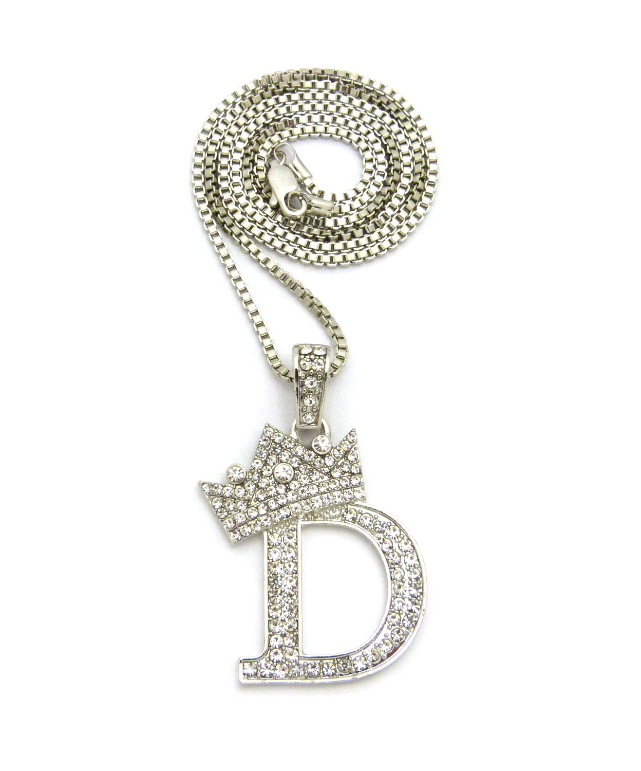 Stone Stud Allover Tilted Crown Initial D Pendant w/ 2mm 24" Box Chain ...