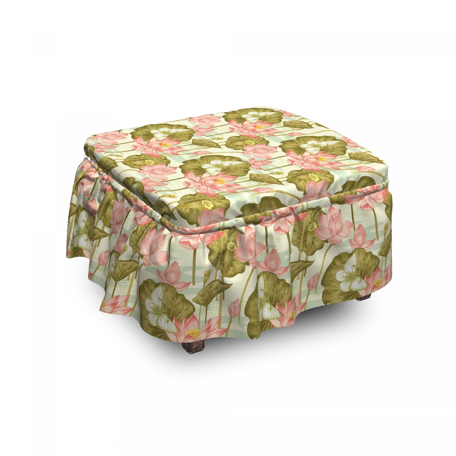 Asian Ottoman Cover, Exotic Foliage Butterfly, 2 Piece Slipcover Set ...