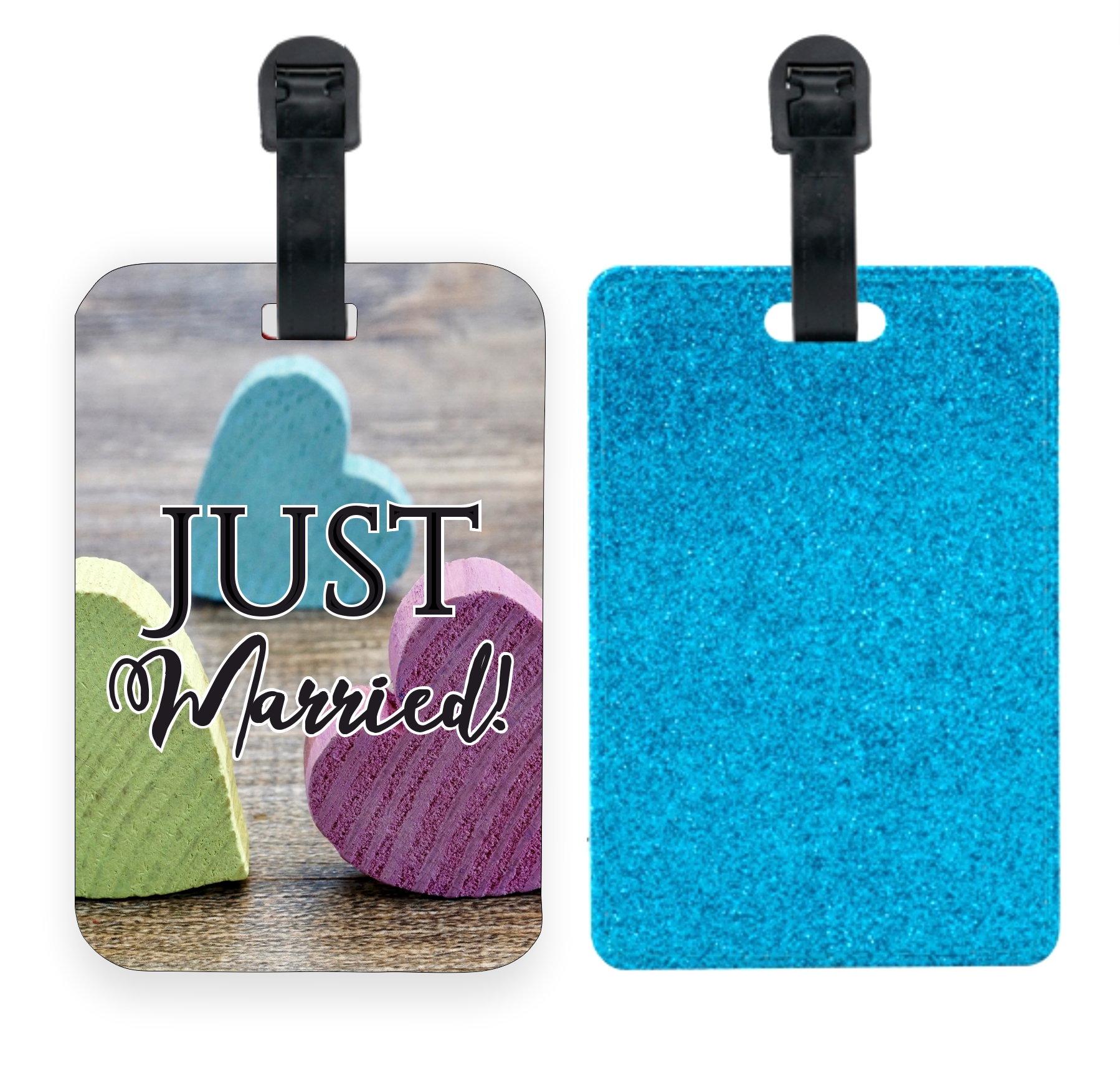 Blue Glitter Luggage Tag Identifier - Just Married Bag Tags - Wood ...