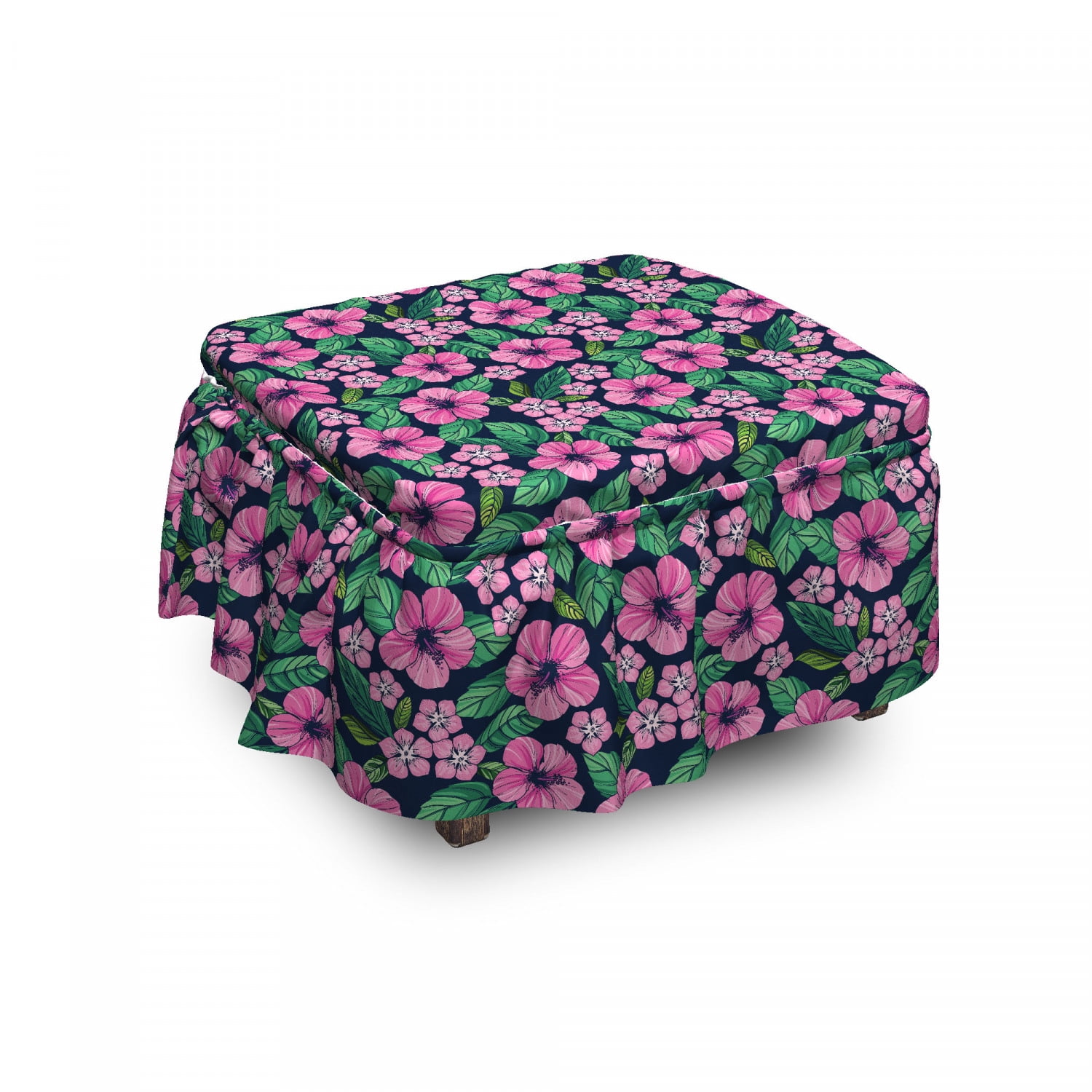 Floral Ottoman Cover, Top View of Exotic Plants, 2 Piece Slipcover Set ...