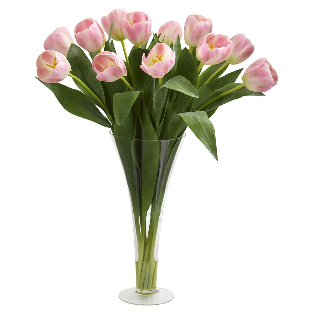 Nearly Natural Tulips Artificial Arrangement in Flared Vase - Walmart ...