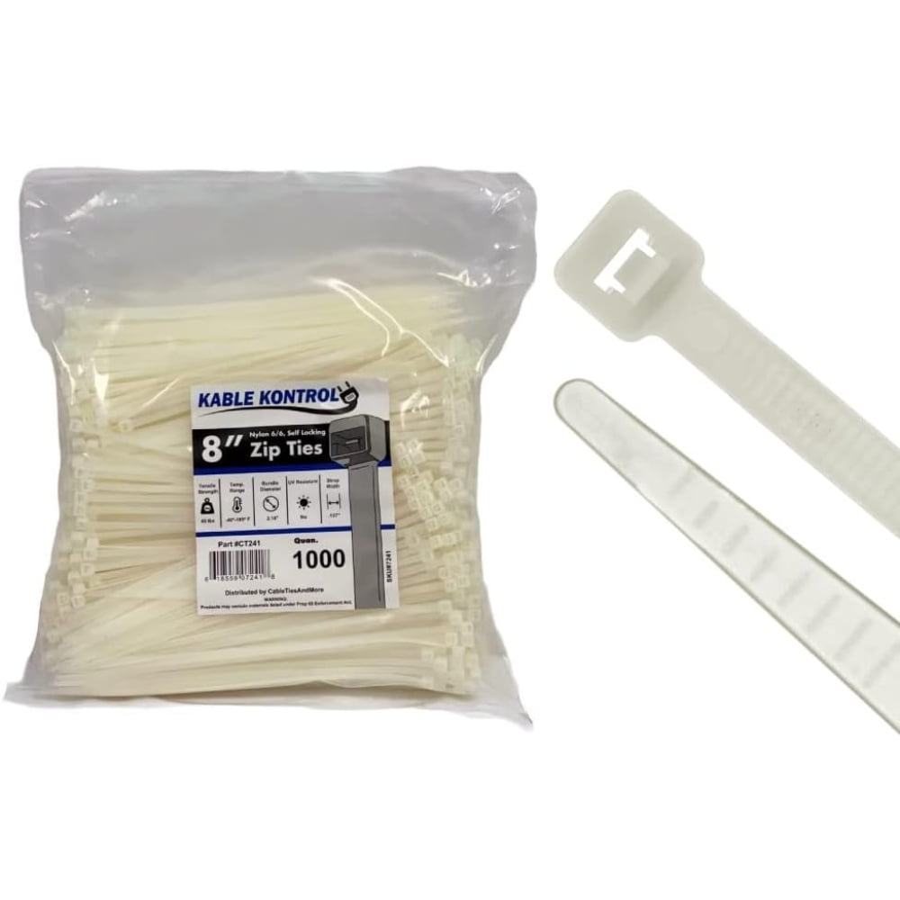 Kable Kontrol Clear Zip Ties - 8" Inch Long - Natural Nylon - 40 Lbs ...