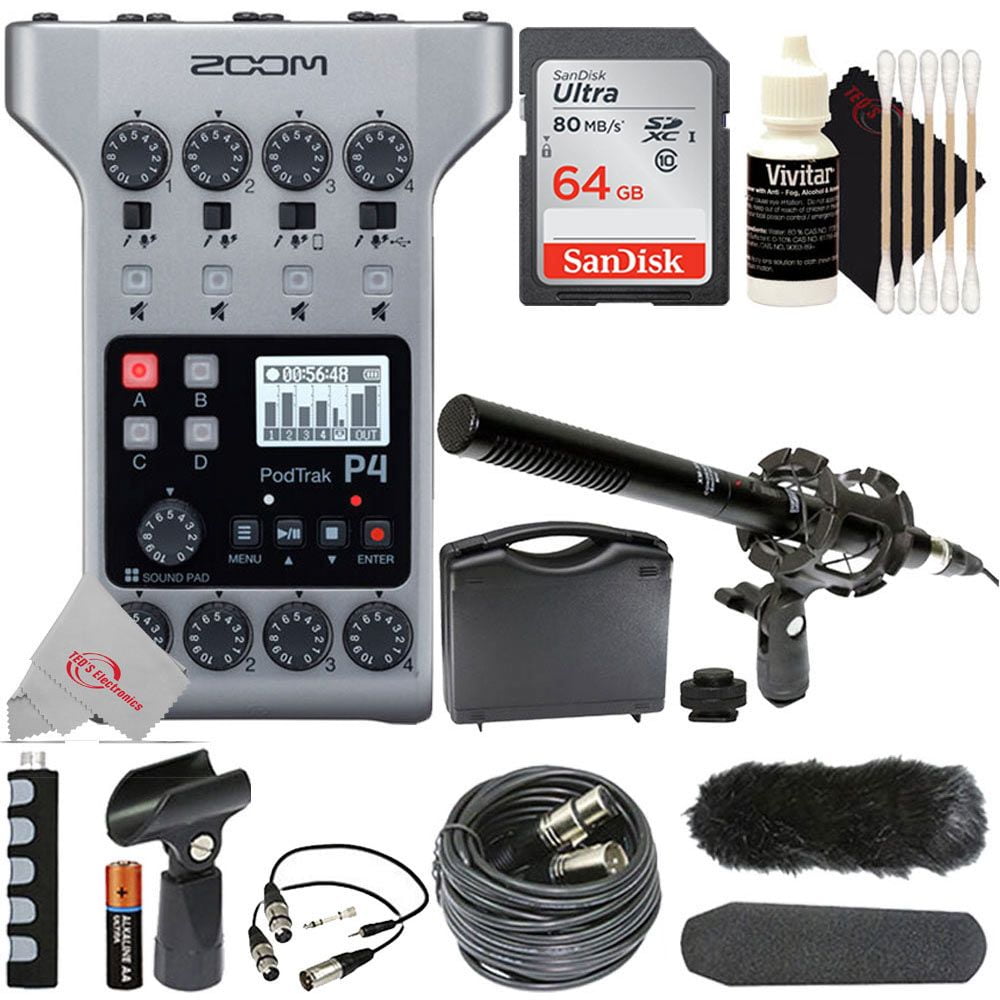 Zoom PodTrak P4 Multitrack Podcast Recorder with Shotgun Microphone Kit ...