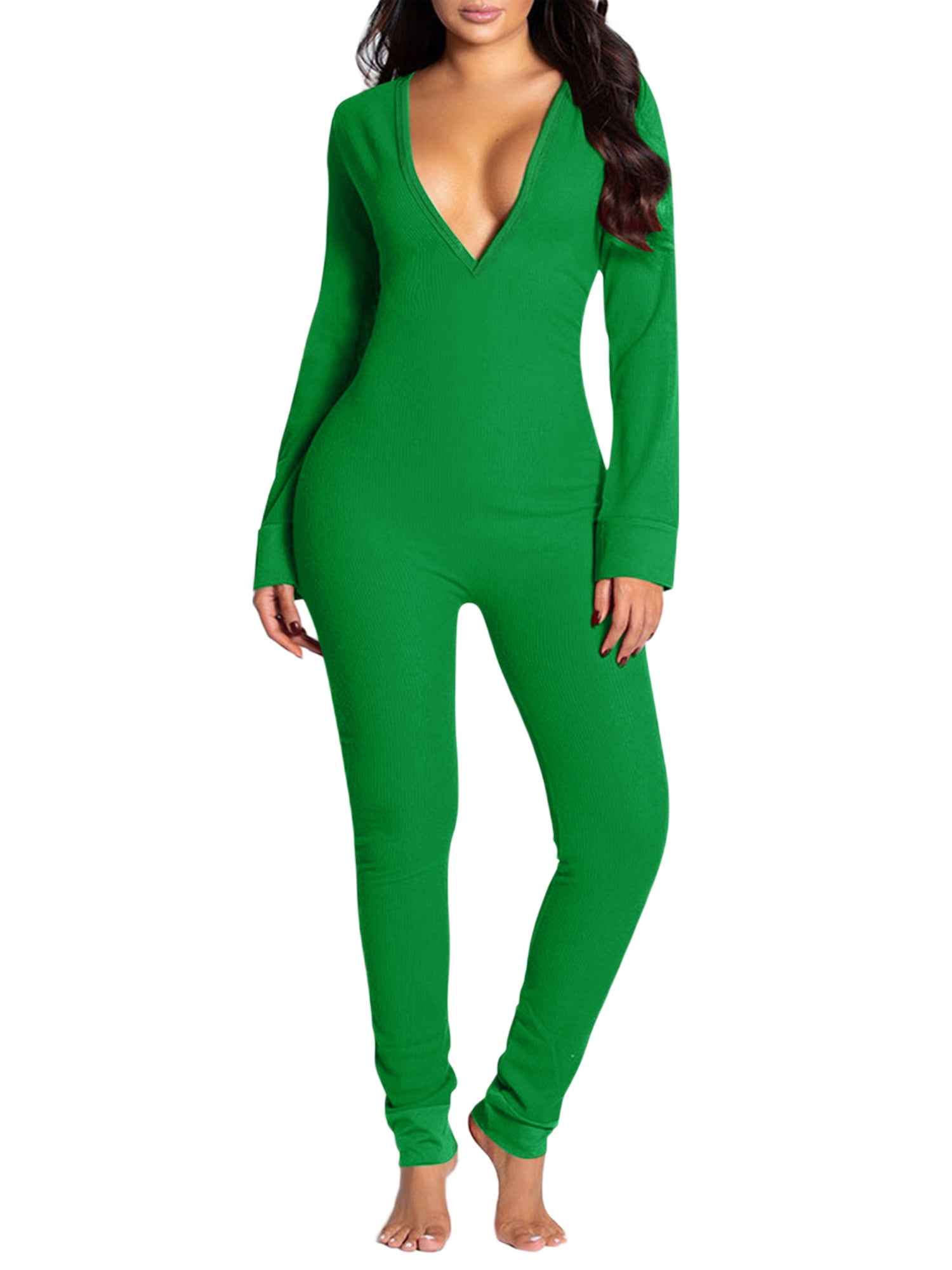 Nituyy Womens Butt Buttoned Flap Pajamas V Neck Bodycon Long Sleeve