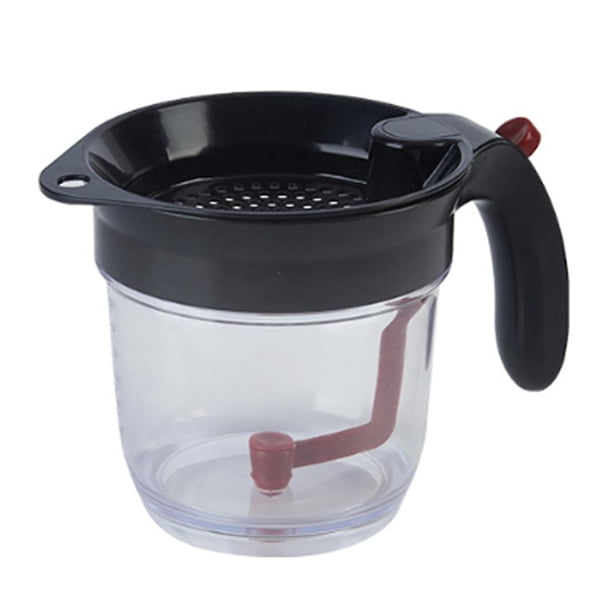 Measuring cup and strainer with grease separator with bottom clearance ...