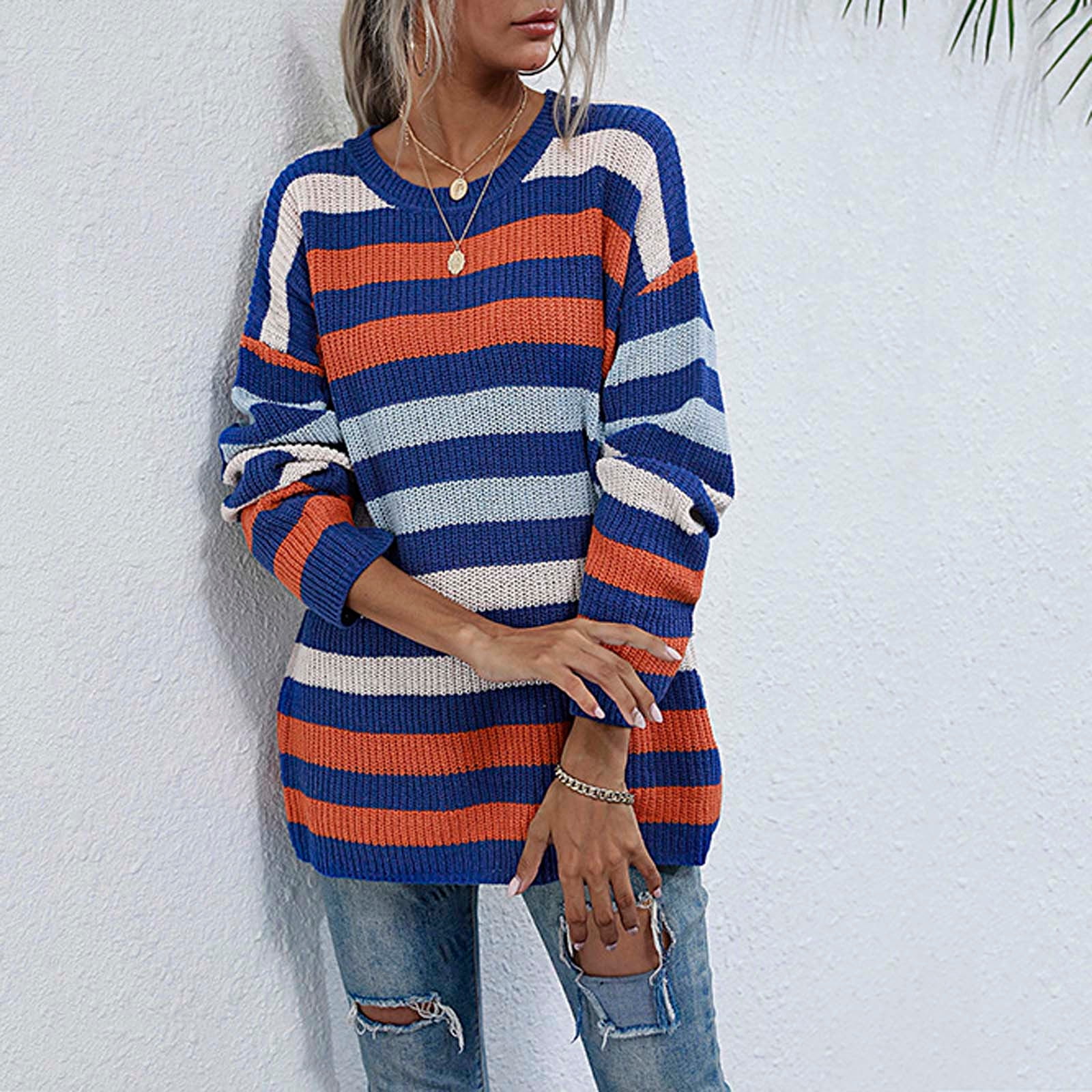 Levmjia Sweaters For Women Trendy 2023 Stripe Patchwork Long Sleeve ...