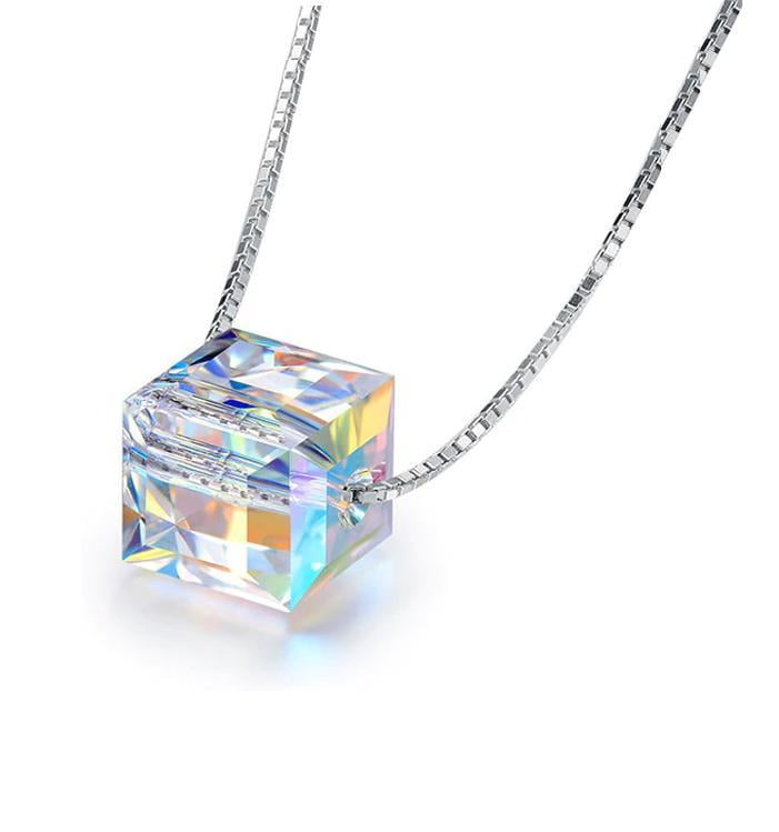 Color Magic Austrian Crystal Cube Necklace 14K White Gold plated Box Chain for Women Special ...
