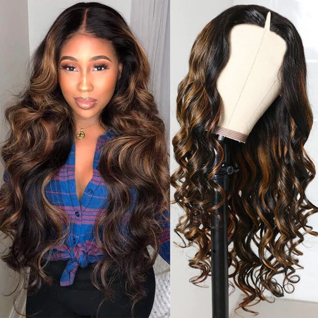 V Part Wig Human Hair Ombre Body Wave No Leave Out Thin Part Wig ...