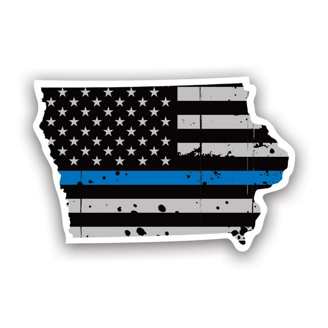 Distressed Thin Blue Line Iowa State Shaped Subdued US Flag Sticker ...