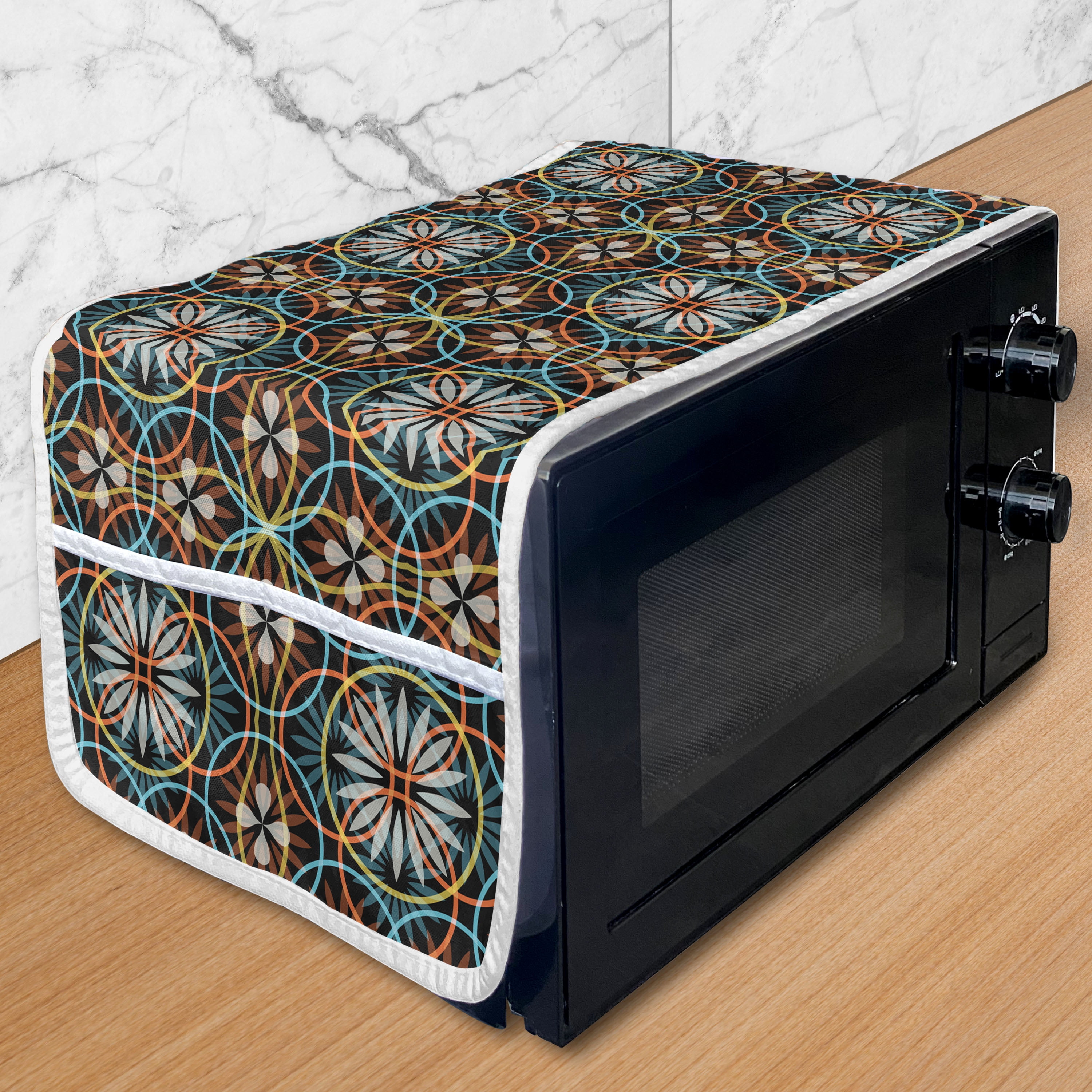Floral Microwave Oven Cover, Modern Overlapping Circle and Flora ...