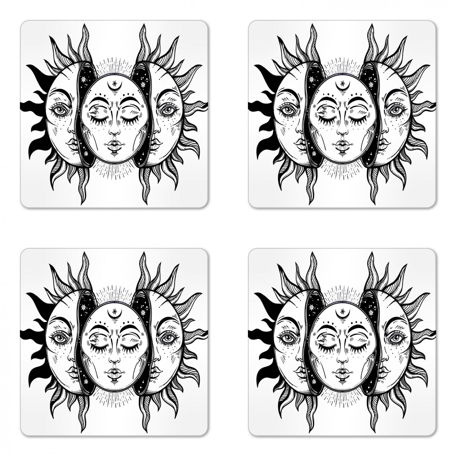Moon Coaster Set of 4, Monochrome Sun and Moon Pattern Oriental Image ...