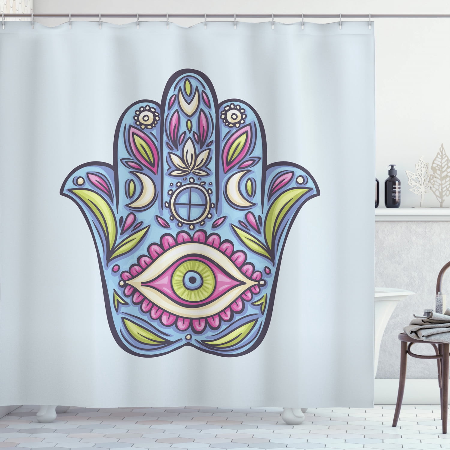 Ambesonne Evil Eye Shower Curtain, Doodle Colorful Hamsa, 69"Wx70"L ...
