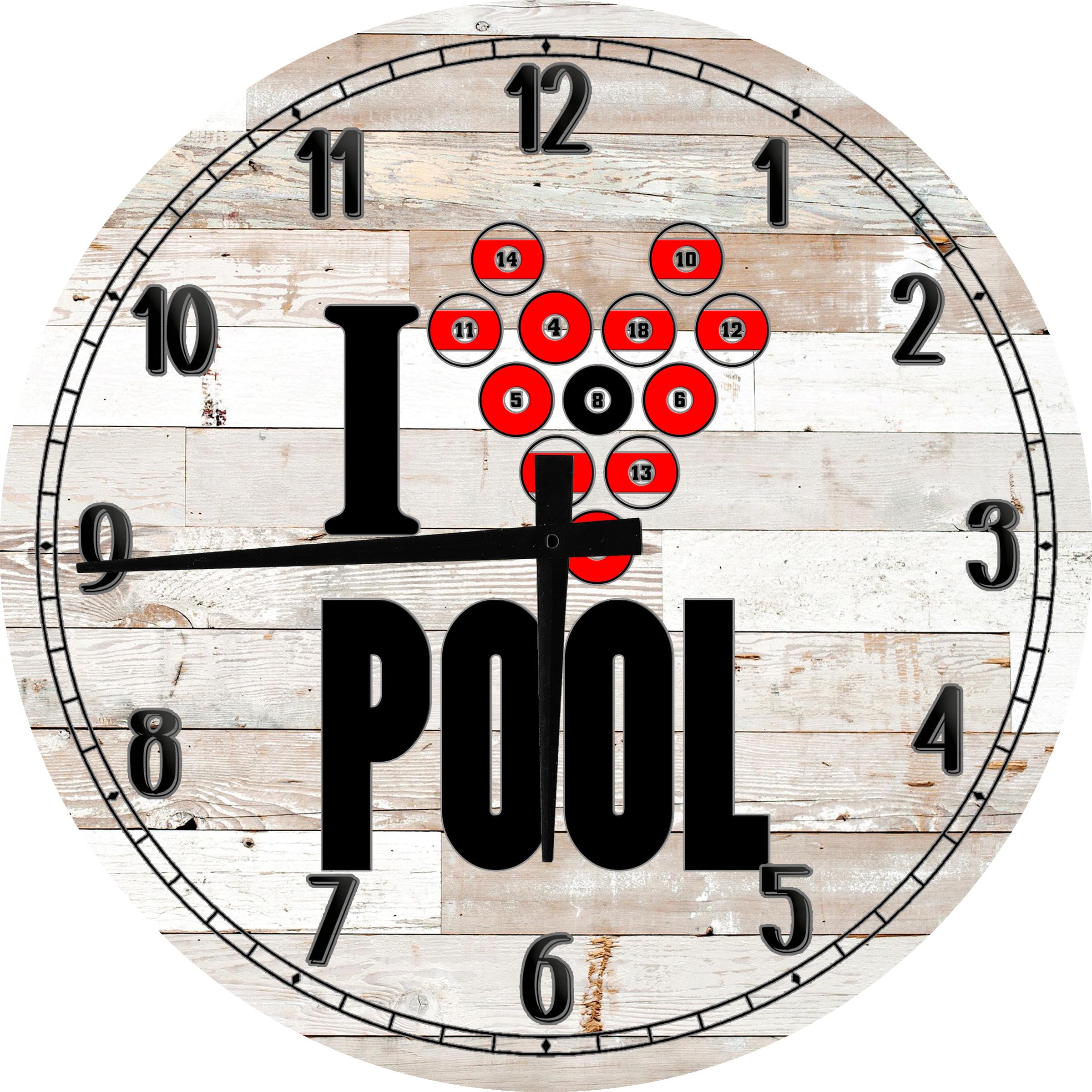 Wood Wall Clock 12 Inch Game Room Clock I Love Pool with Billiard Balls ...