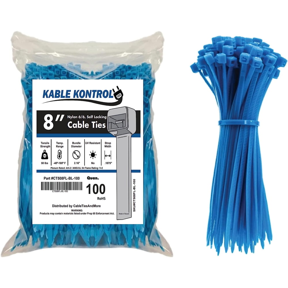 Kable Kontrol Zip Ties - 8" Long - 100 Pc Pk - Fluorescent Blue color - Nylon - 50 Lbs Tensile ...