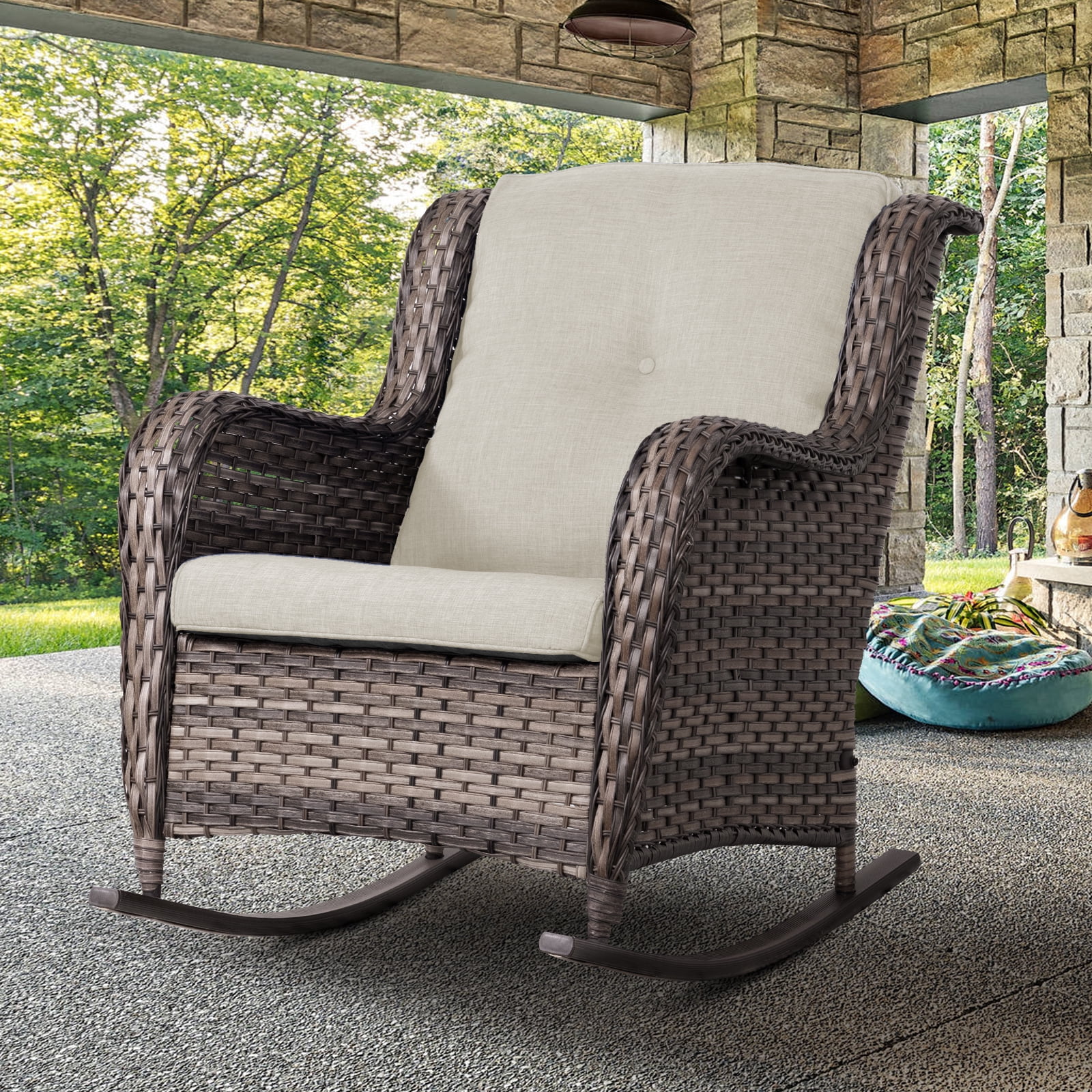 Meetleisure Hand-woven Wicker Outdoor Rocking Chair with Beige Cushion ...