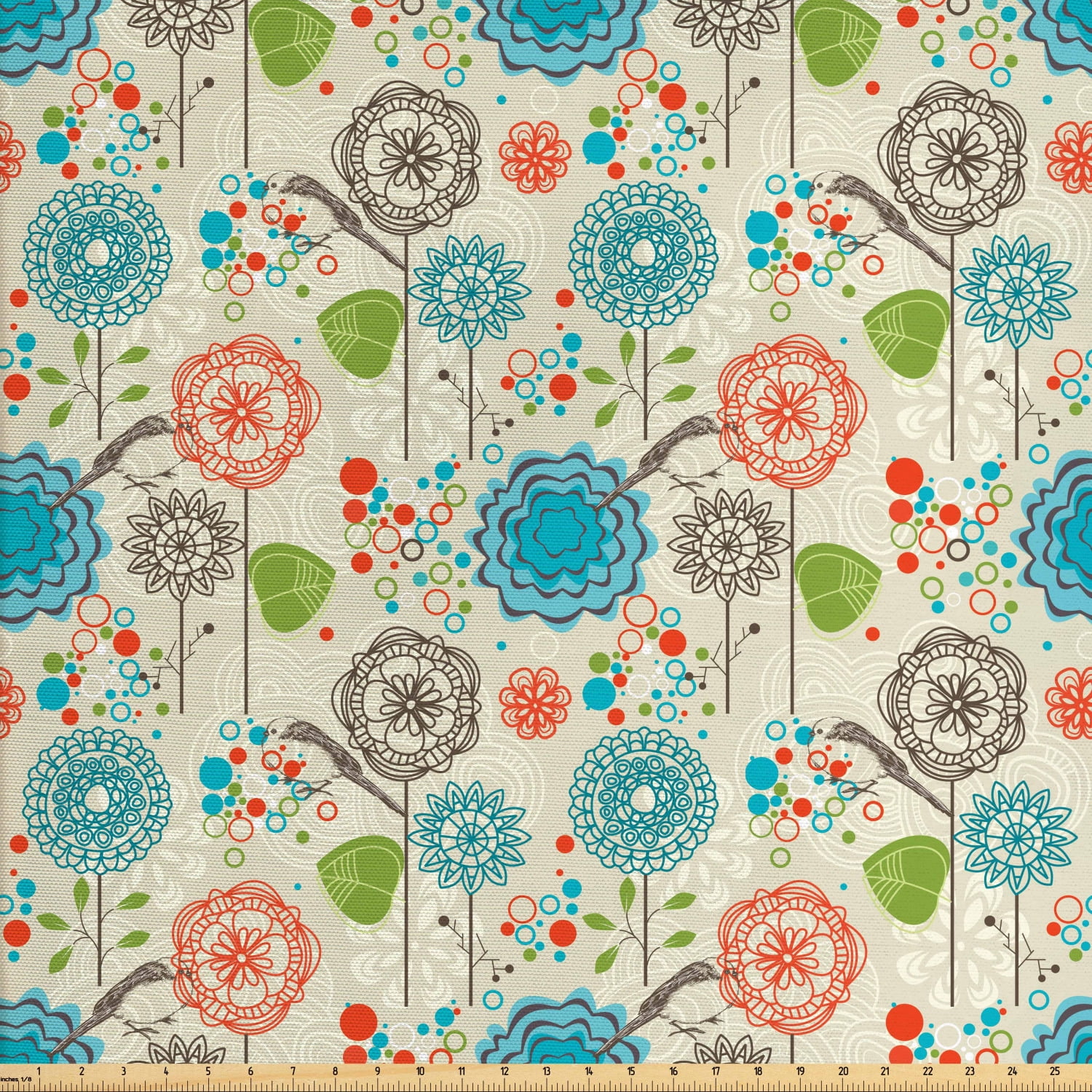 Floral Fabric by the Yard Upholstery, Retro Doodle Flower Field ...