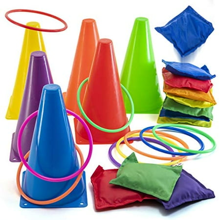 3 in 1 Carnival Yard Games Combo Set Ring Toss Cones Cornhole Bean Bags Plastic Cones Game for ...