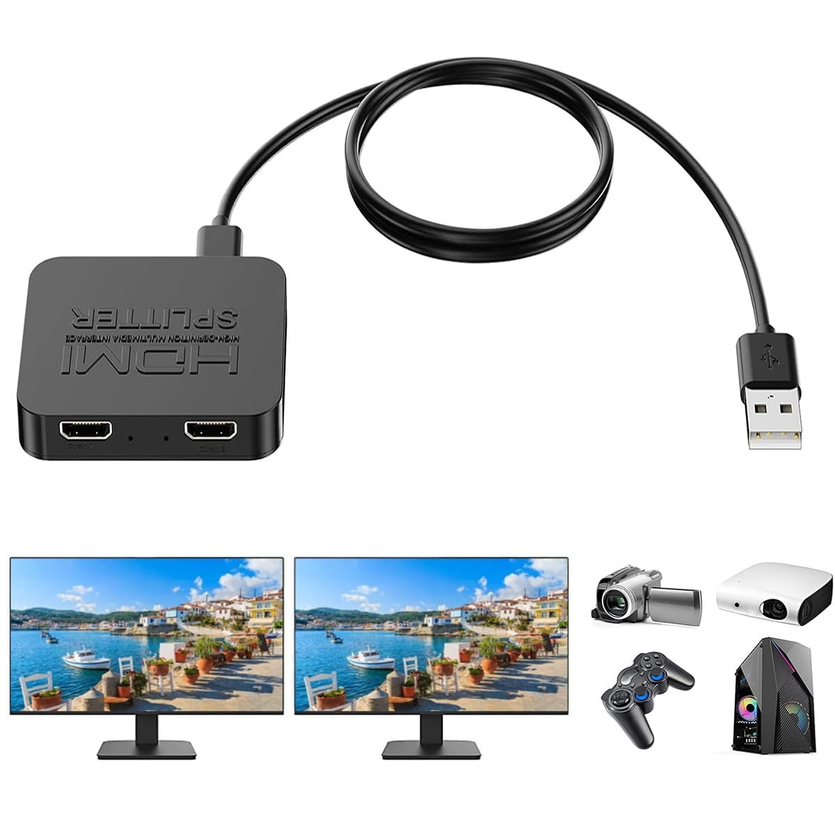 HDMI Splitter 1 in 2 Out, 2-Port HDMI Splitter for 4K UHD, 3D, and ...