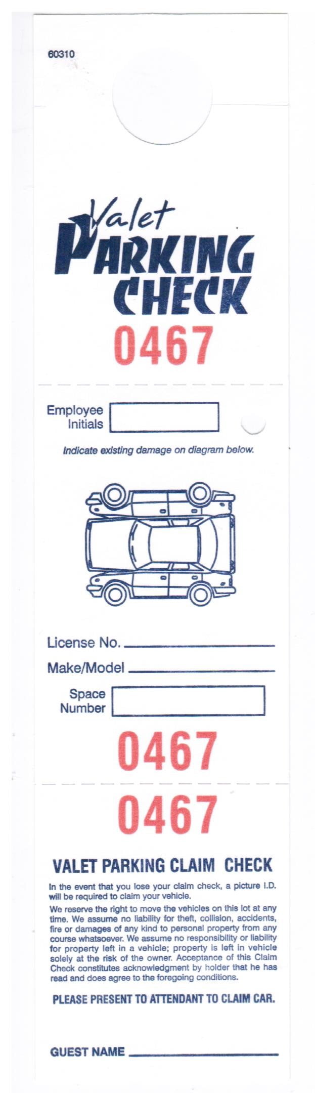 VALET PARKING CLAIM CHECK Hang Tag, White Stock Printed in Blue, Red Numbering (0000-0999), 2-1/ ...