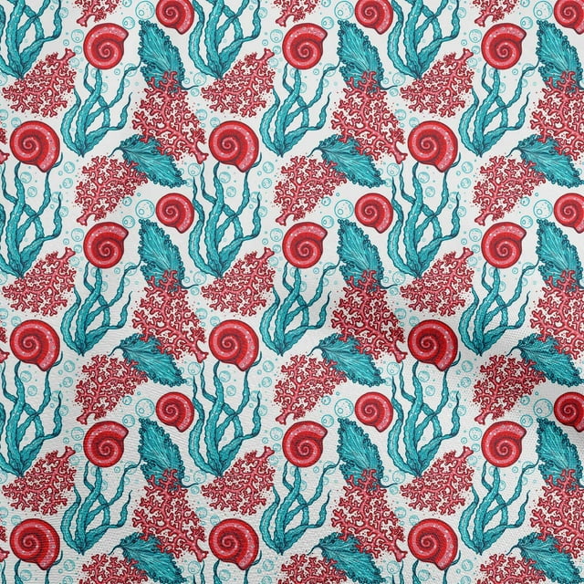 oneOone Silk Tabby Turquoise Green Fabric Sea Shells Ocean Sewing ...