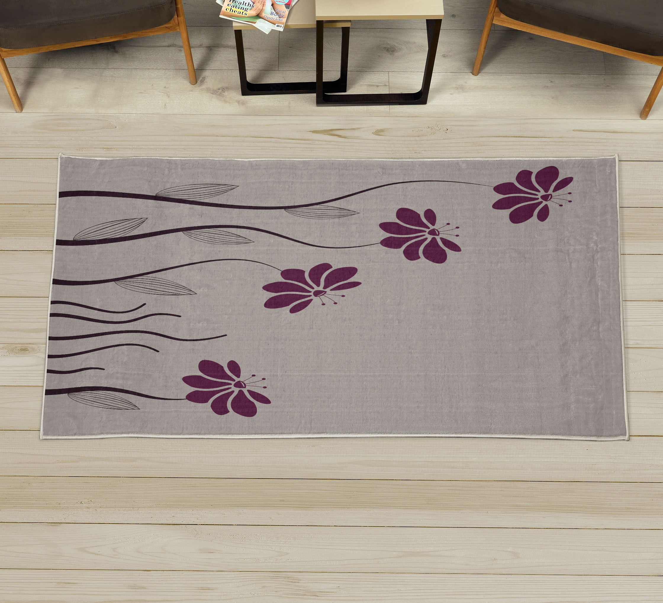 Flower Decorative Rug, Floral Petals with Striped Leaves and Lines ...