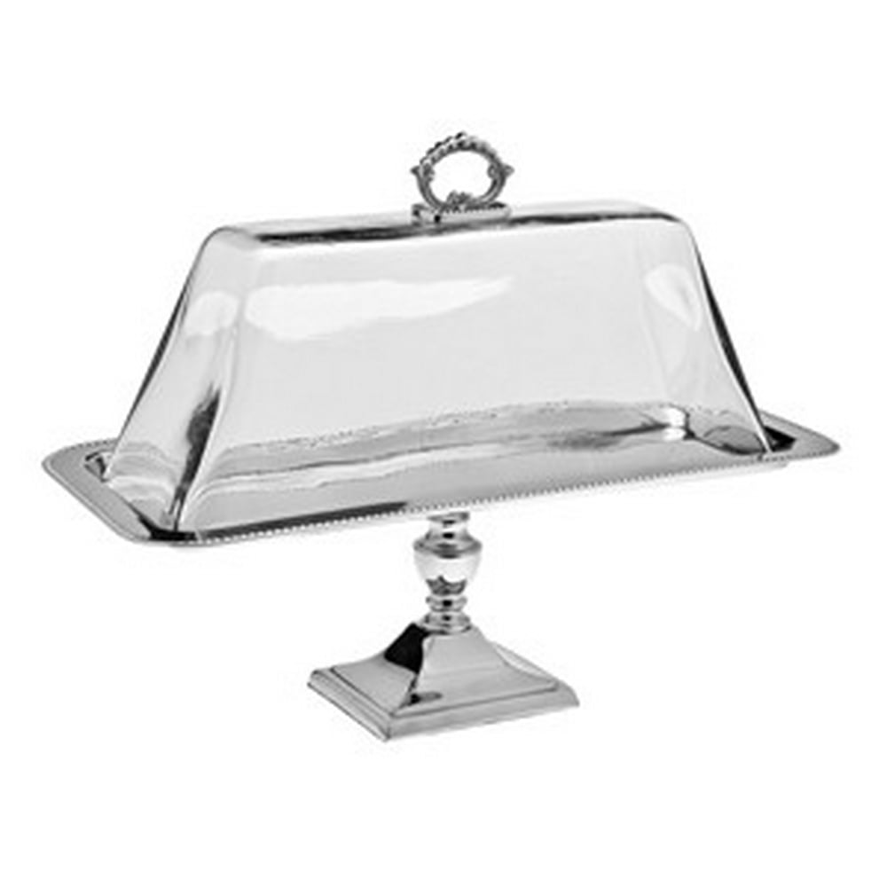17 Rectangular Nickel Plated Footed Cake Stand Pedestal With Covered Glass Dome Lid And