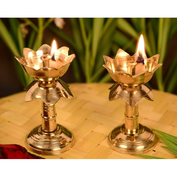 Zap impex Set of 2 Brass Diya for Puja Temple Decoration, Lotus Shape ...