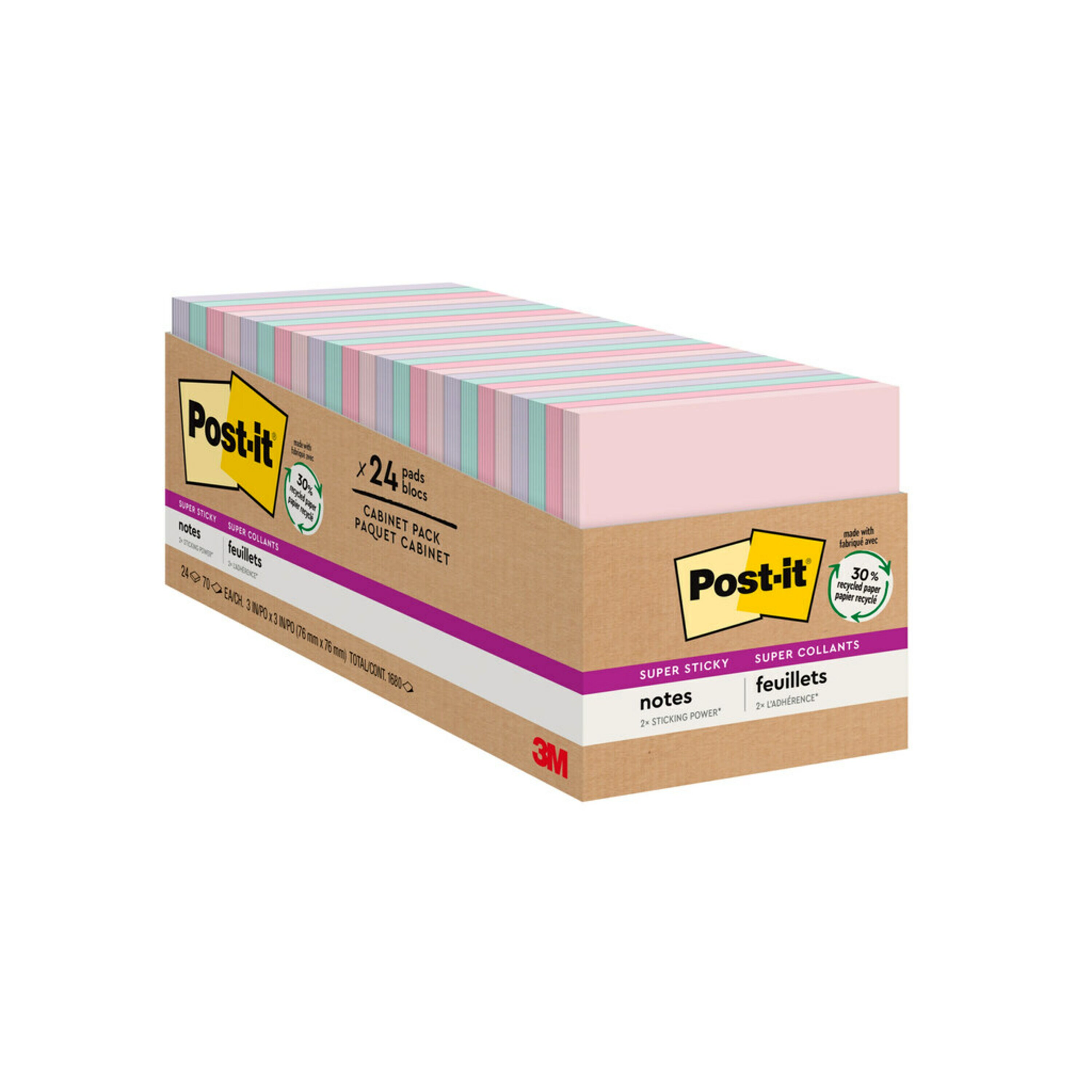 Post-it Recycled Super Sticky Notes, 3 in x 3 in, Wanderlust Pastels ...