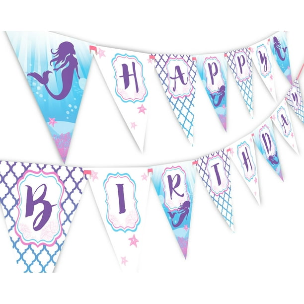 Mermaid Happy Birthday Banner Pennant - Under the Sea Banner - Purple ...