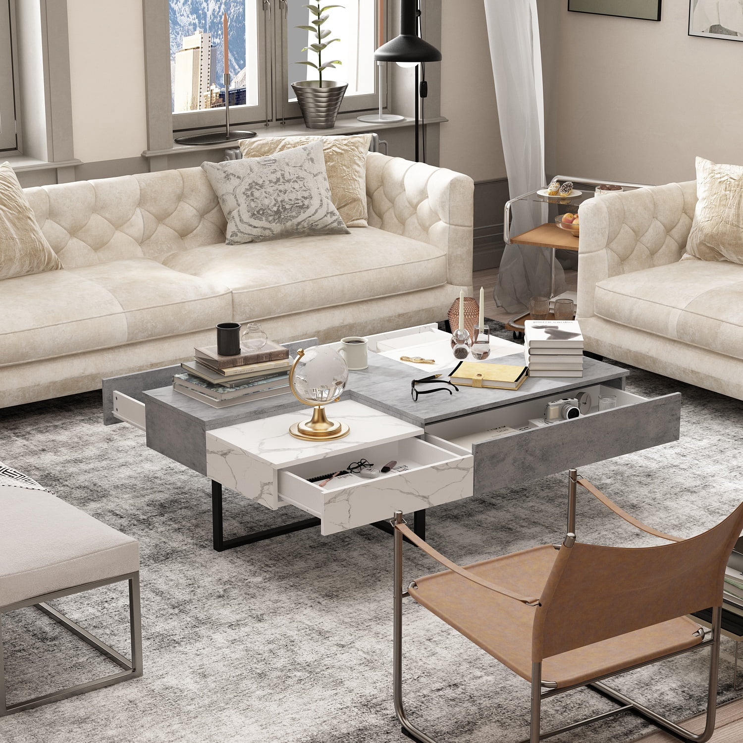 AIEGLE Coffee Table with Storage Drawers, Central Table with Metal Base ...
